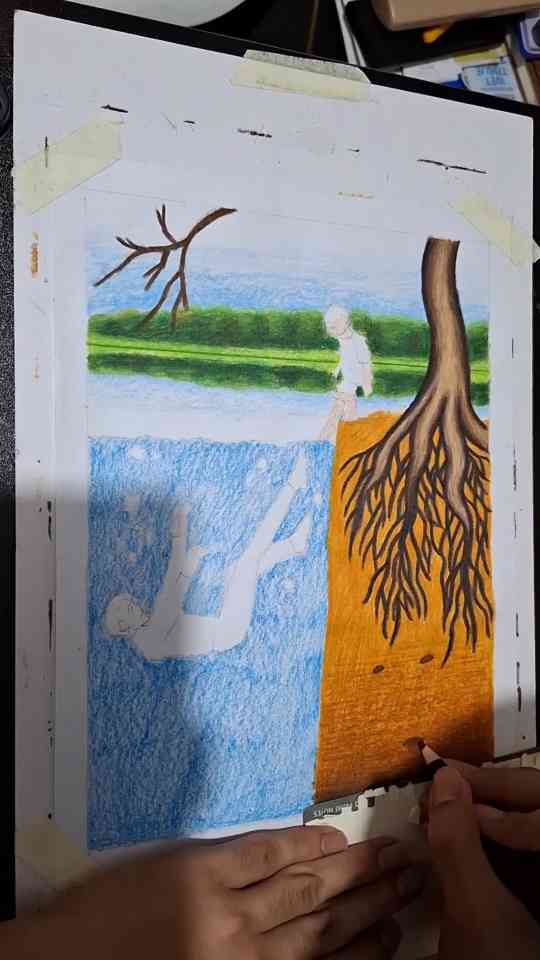 Surreal Colored Pencil Drawing Featuring Tree Roots and Lake Reflection