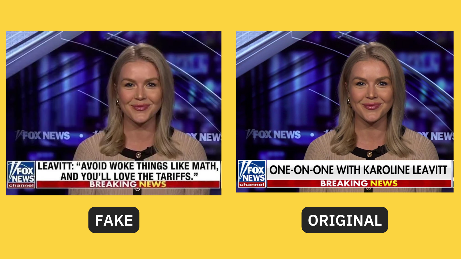 Fake Fox News chyron claims Karoline Leavitt said people will love tariffs if they 'avoid woke ...