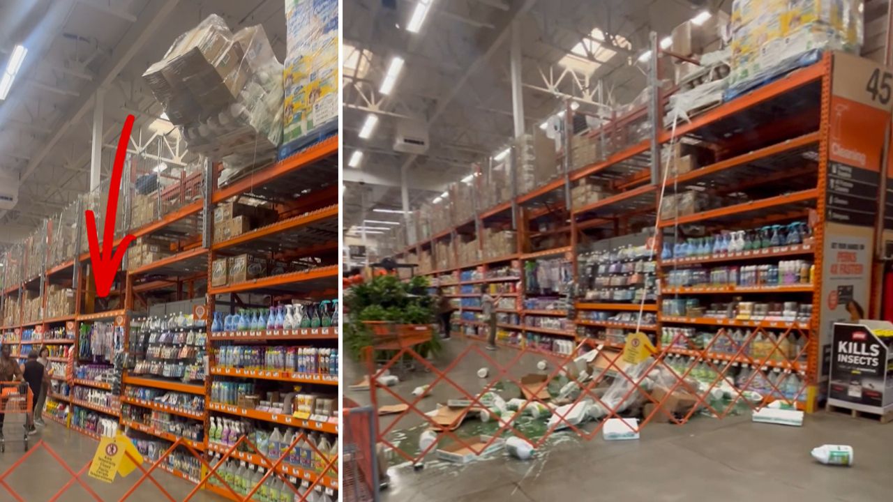 Palete cheio de produtos cai de prateleira em supermercado na Califórnia