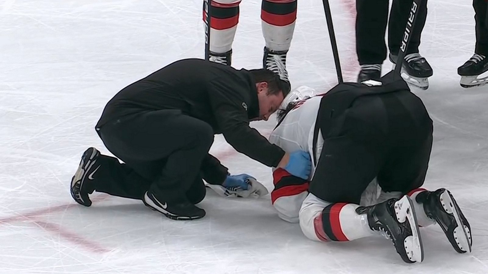 Brenden Dillon injured in Game 1, carried off the ice.