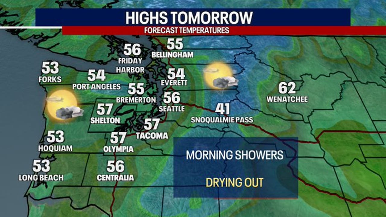 Seattle Weather: A few spotty showers with more sunbreaks Monday