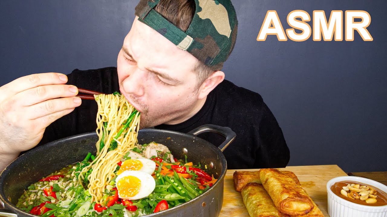 ASMR Massive Chicken Noodle Soup, Egg Rolls & Peanut Dipping Sauce ...