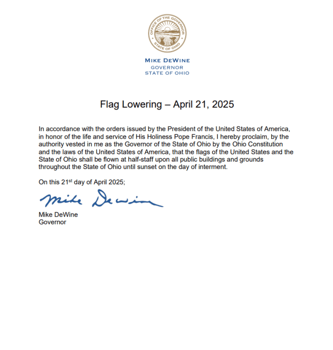 DeWine orders flags lowered to honor Pope Francis