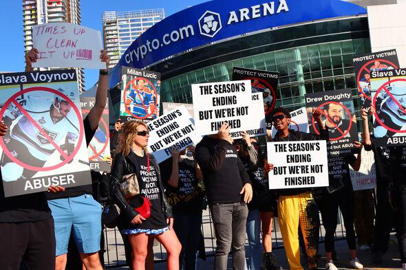 Jeane Marie leads domestic violence survivors protest at L.A. Kings playoff