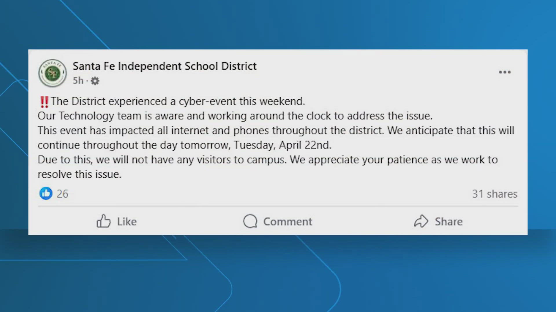 Santa Fe ISD cyber event disrupts internet, visitor access