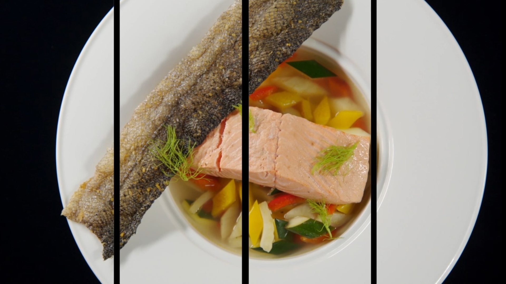 Saumon royal poché au bouillon de fenouil et à la peau croustillante