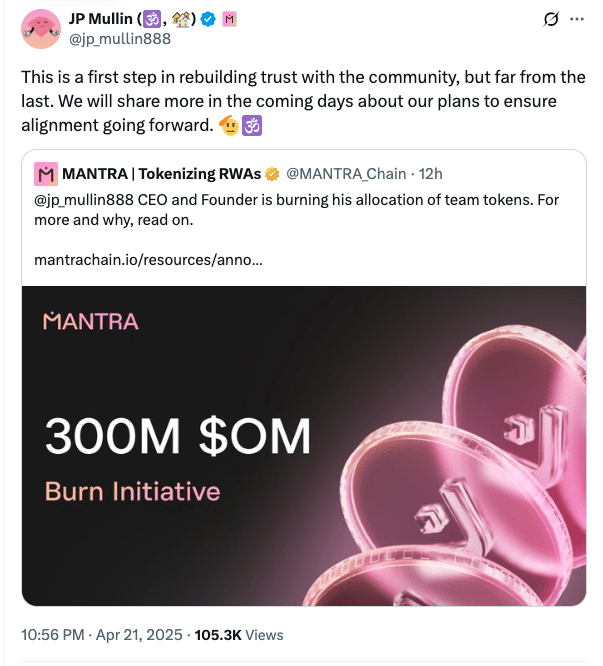 Mantra says CEO has begun the process of burning his 150M OM tokens