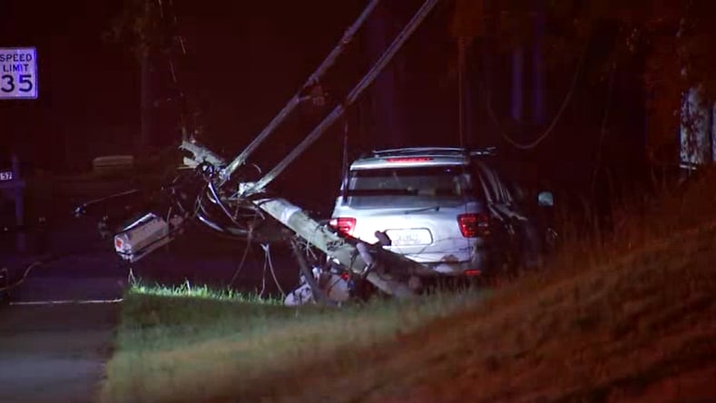 Car crashes into power pole, knocking down lines in Cobb County