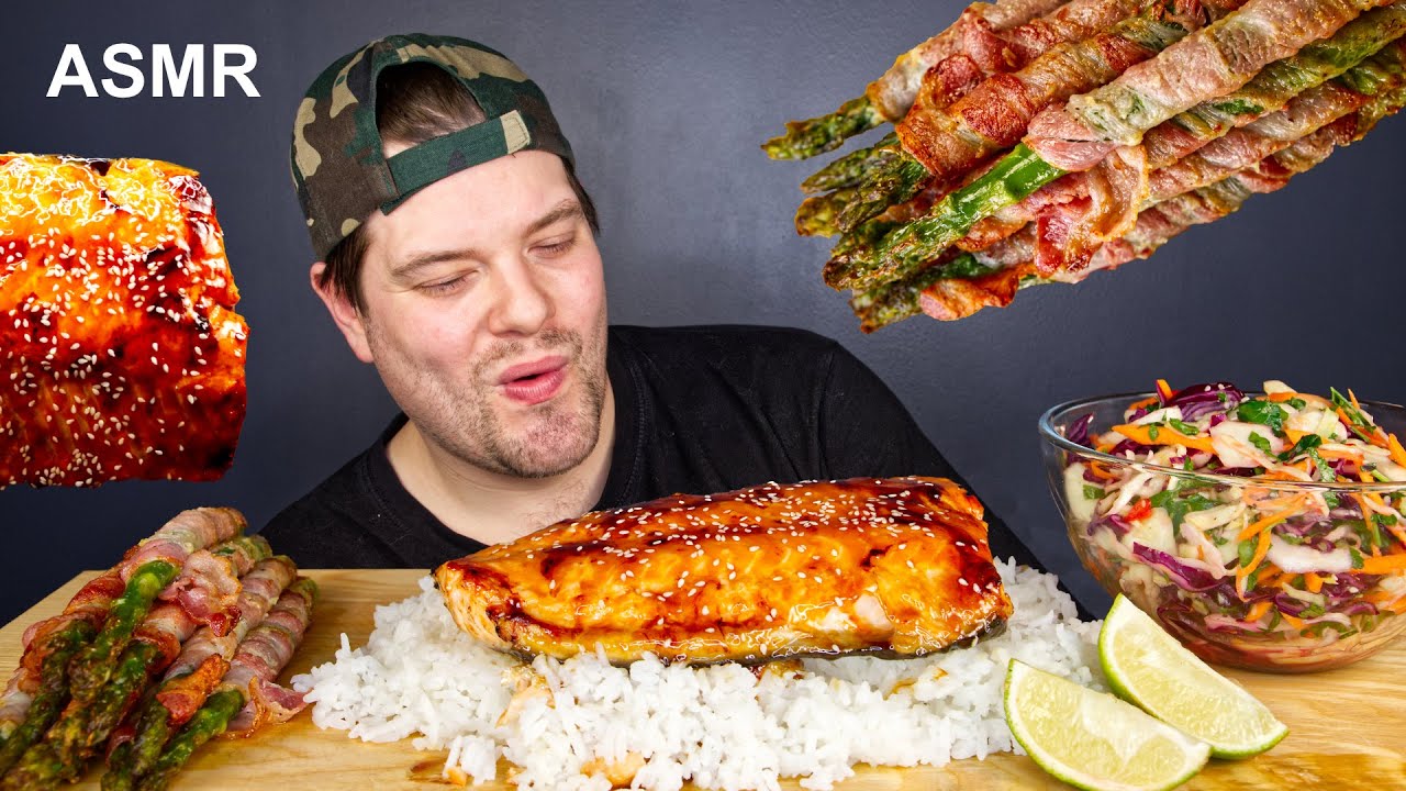 ASMR Teriyaki Honey Salmon, Sticky Rice, Garlic Bacon Asparagus, Asian ...