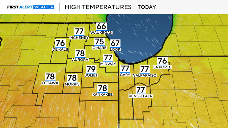 Highs near 75 degrees on Wednesday in Chicago
