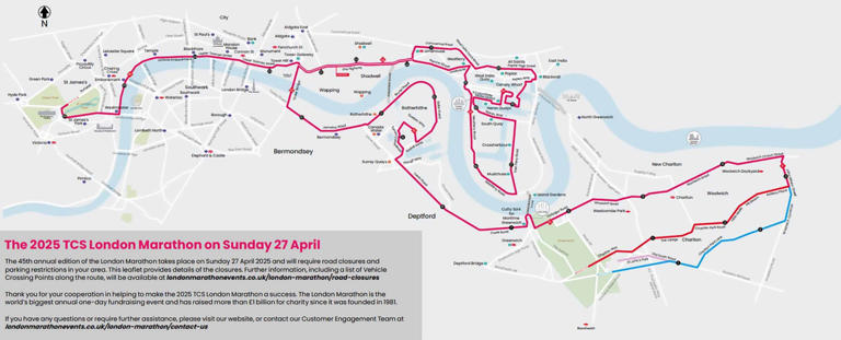 Map shows London Marathon route map and road closures for 2025