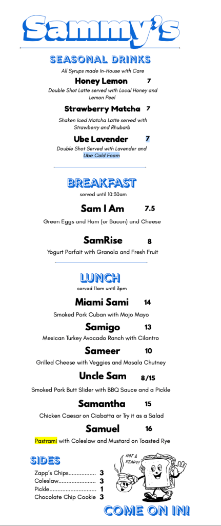 Peek the menu for Sammy’s sandwich shop, now open at Abrams Fixtures in ...