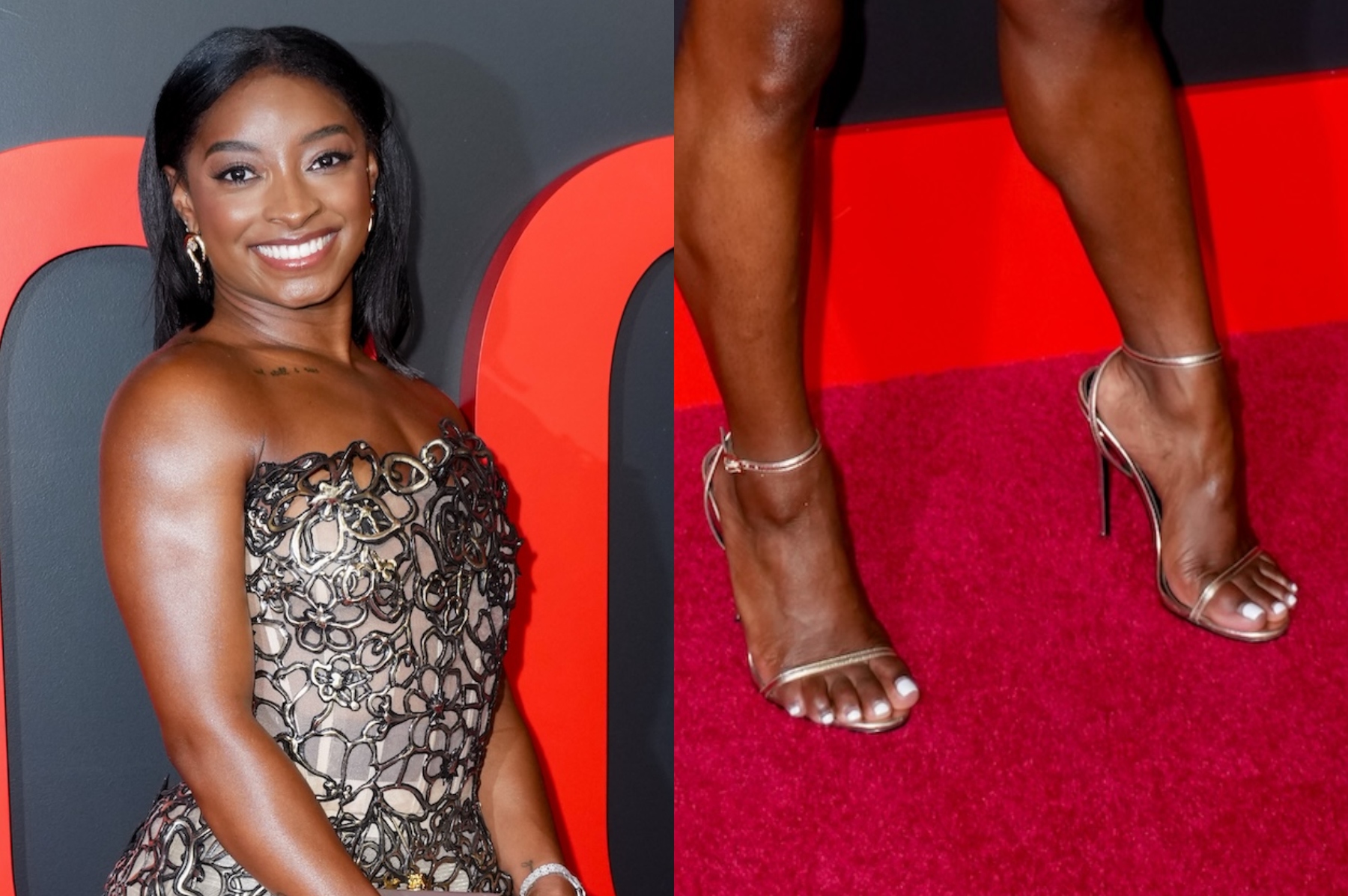 Simone Biles Dons Metallic Sandals and Strapless Minidress for 2025 ...
