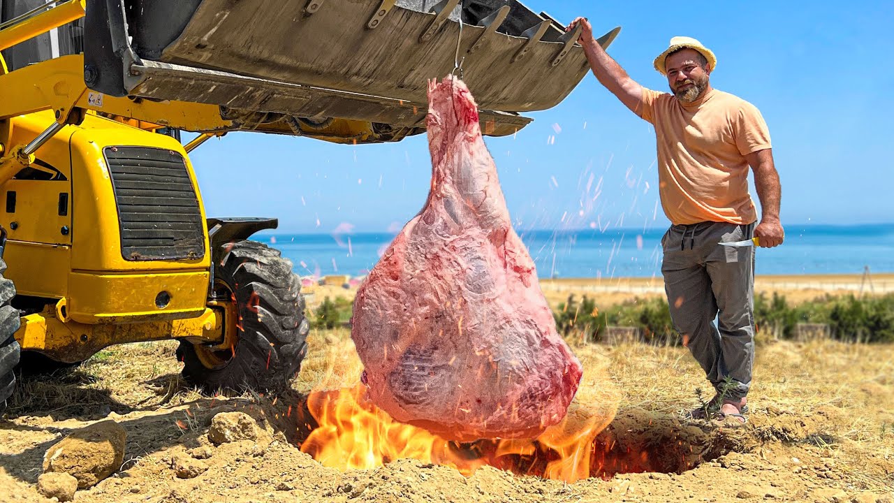Underground-Cooked Beef Leg: A Rustic Feast on a Massive Scale