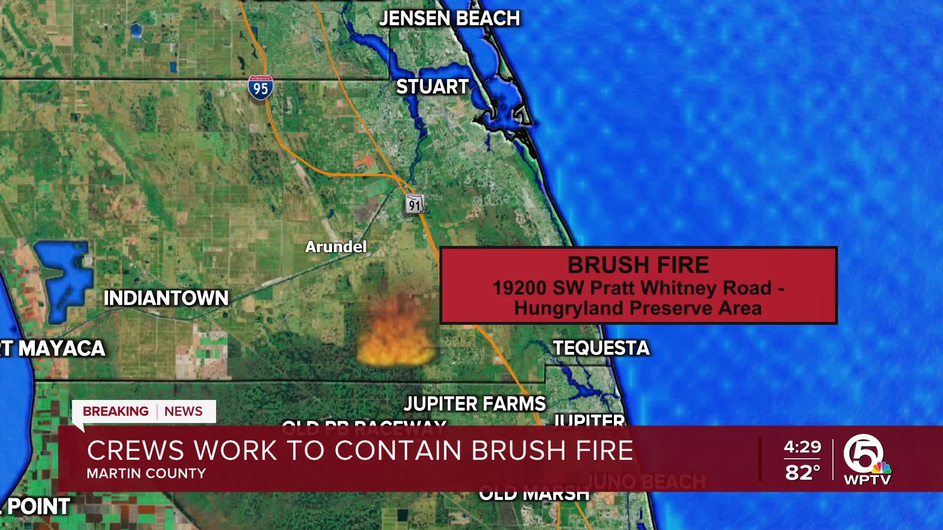 Crews working to contain brush fire in Martin County