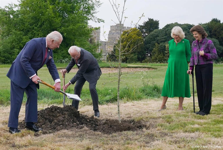 Charles en Carl Gustaf planten boompje in tuin Windsor Castle