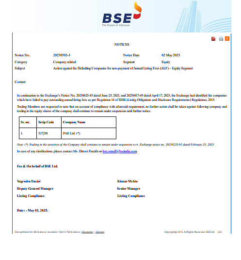 BSE Issues New Update, PAE Ltd Still Under Suspension; No New Action