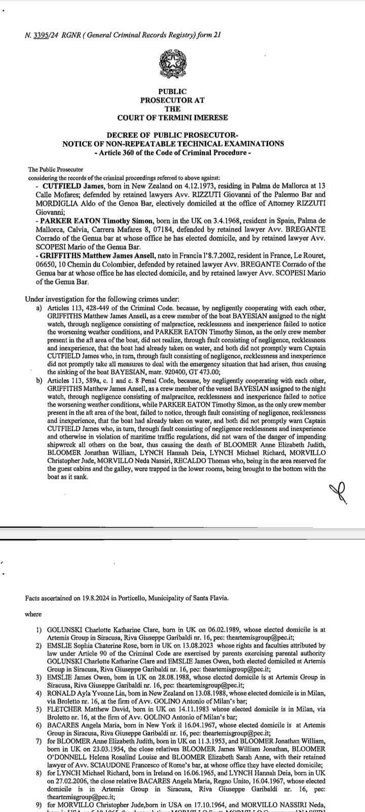 Three on Bayesian superyacht crew officially under criminal suspicion ...