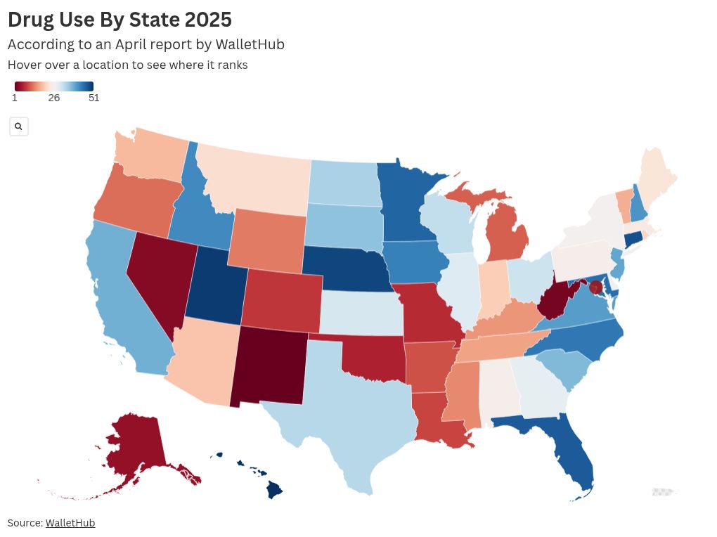 Map Shows States With Highest Drug Use Issues