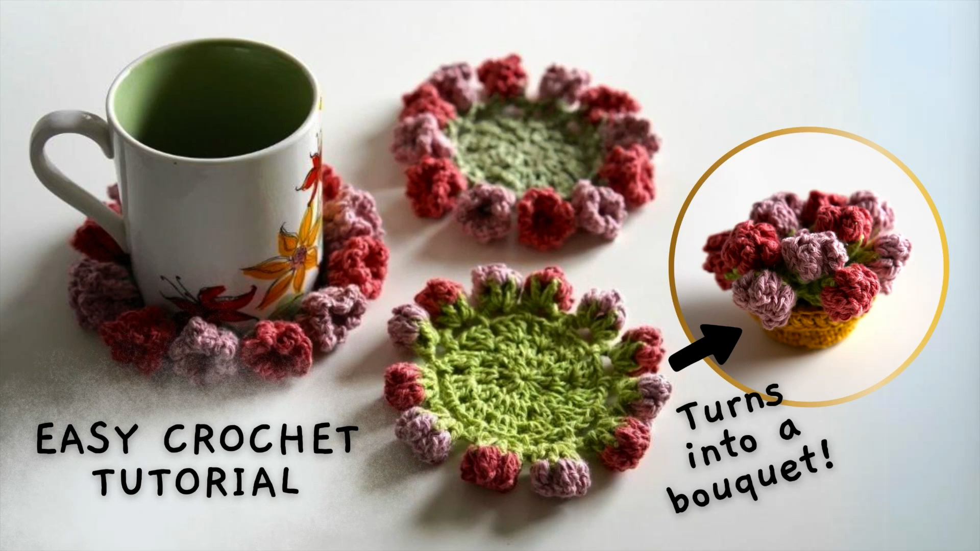 Crochet a Rose Bouquet Coaster – Fast & Easy Tutorial with 2 Flower ...