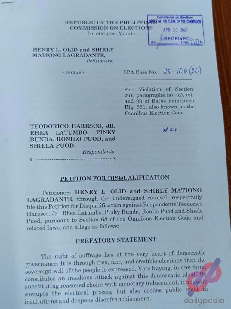 Barangay leaders file DQ case vs Aklan Rep. Haresco for alleged vote buying