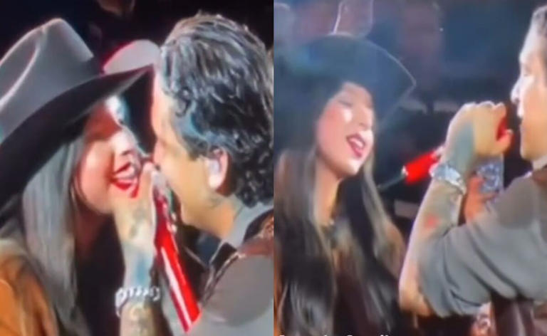 Christian Nodal y Ángela Aguilar reafirman su química con un beso durante show en Puebla