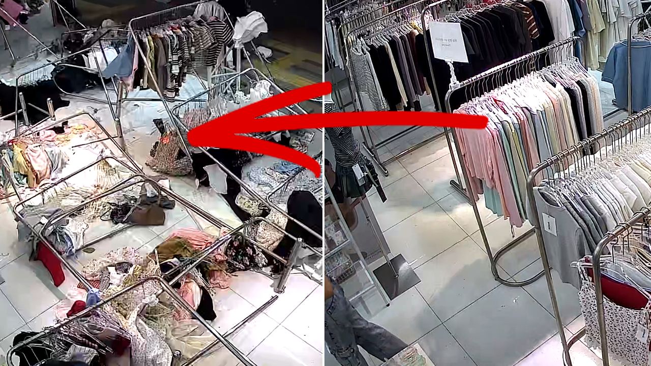 Stojaki w sklepie odzieżowym przewracają się jak kostki domina podczas ...