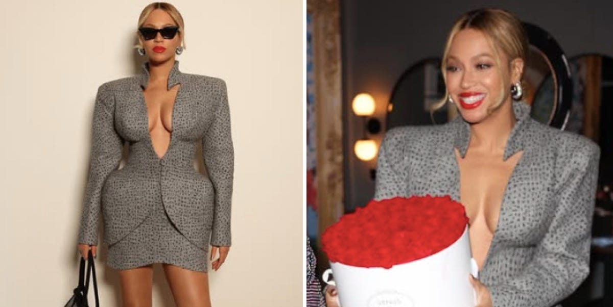 Beyoncé Wears Plunging Blazer and Skirt Suit to Mom Tina Knowles’s Book Party