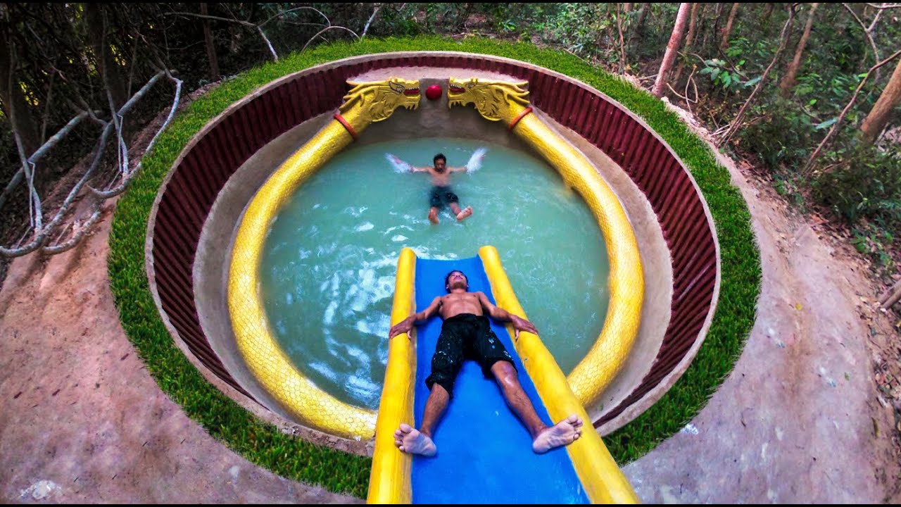 25 days building an underground water slide to a dragon temple pool