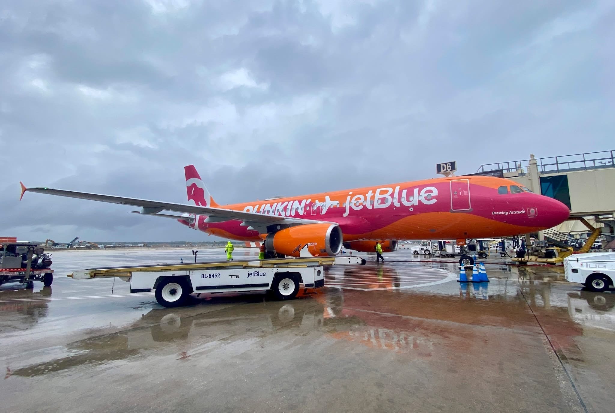 Some color on a gloomy day: JetBlue's new Dunkin' themed airplane lands ...