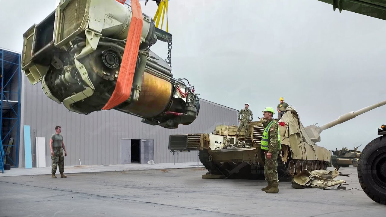 The process of replacing the large engine in the US M1 Abrams tank