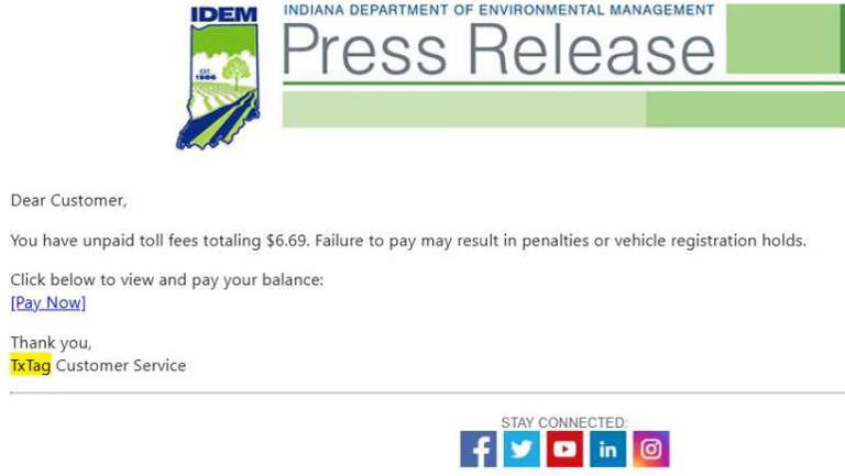 Strange toll scam emails appear to originate from Indiana email addresses