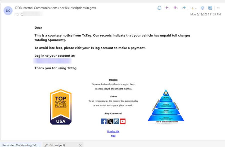 Strange toll scam emails appear to originate from Indiana email addresses