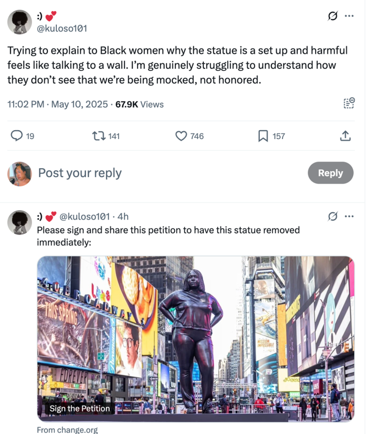 ‘Grounded In The Stars' Times Square Statue Sparks Social Media Debate