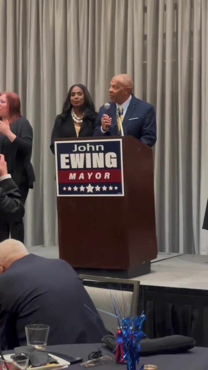 Candidate Ewing addresses supporters as polls close in the Omaha Mayor ...