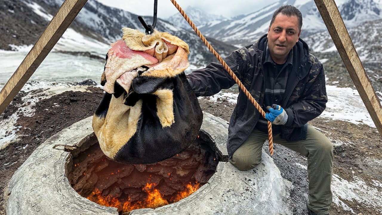 Lamb with Vegetables Sewn in Cowhide - Ancient Cooking Method