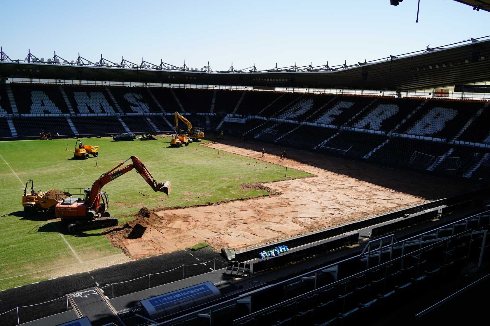 Photos show Derby County stadium pitch torn up as diggers revamp Pride ...