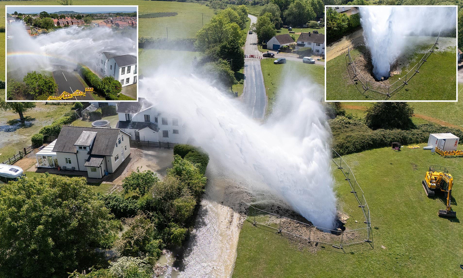 Burst pipe sends send thousands of gallons of water towering 100ft into ...