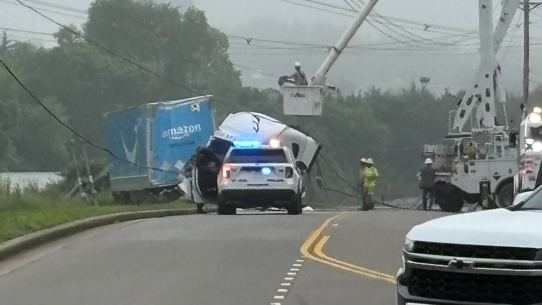 Crews working to replace utility pole, restore power after Amazon truck ...