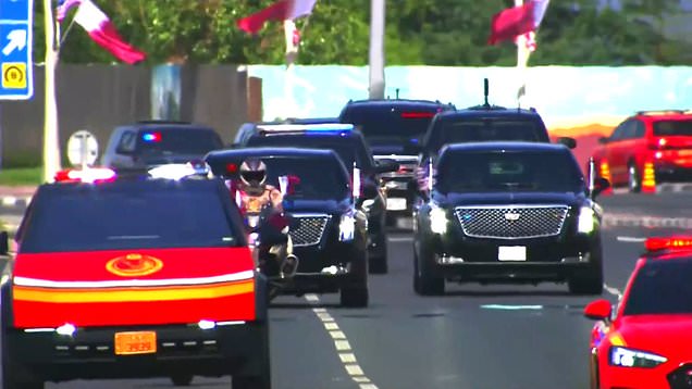 President Trump's motorcade in Doha flanked by red Cybertrucks
