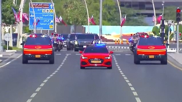 President Trump's motorcade in Doha flanked by red Cybertrucks