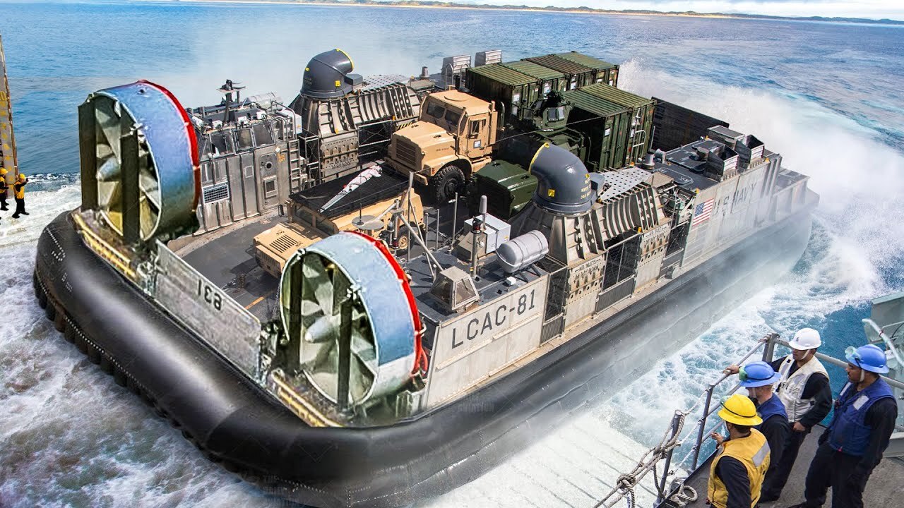 US Navy Advanced Hovercraft Jumping From Ship Into Deep Water
