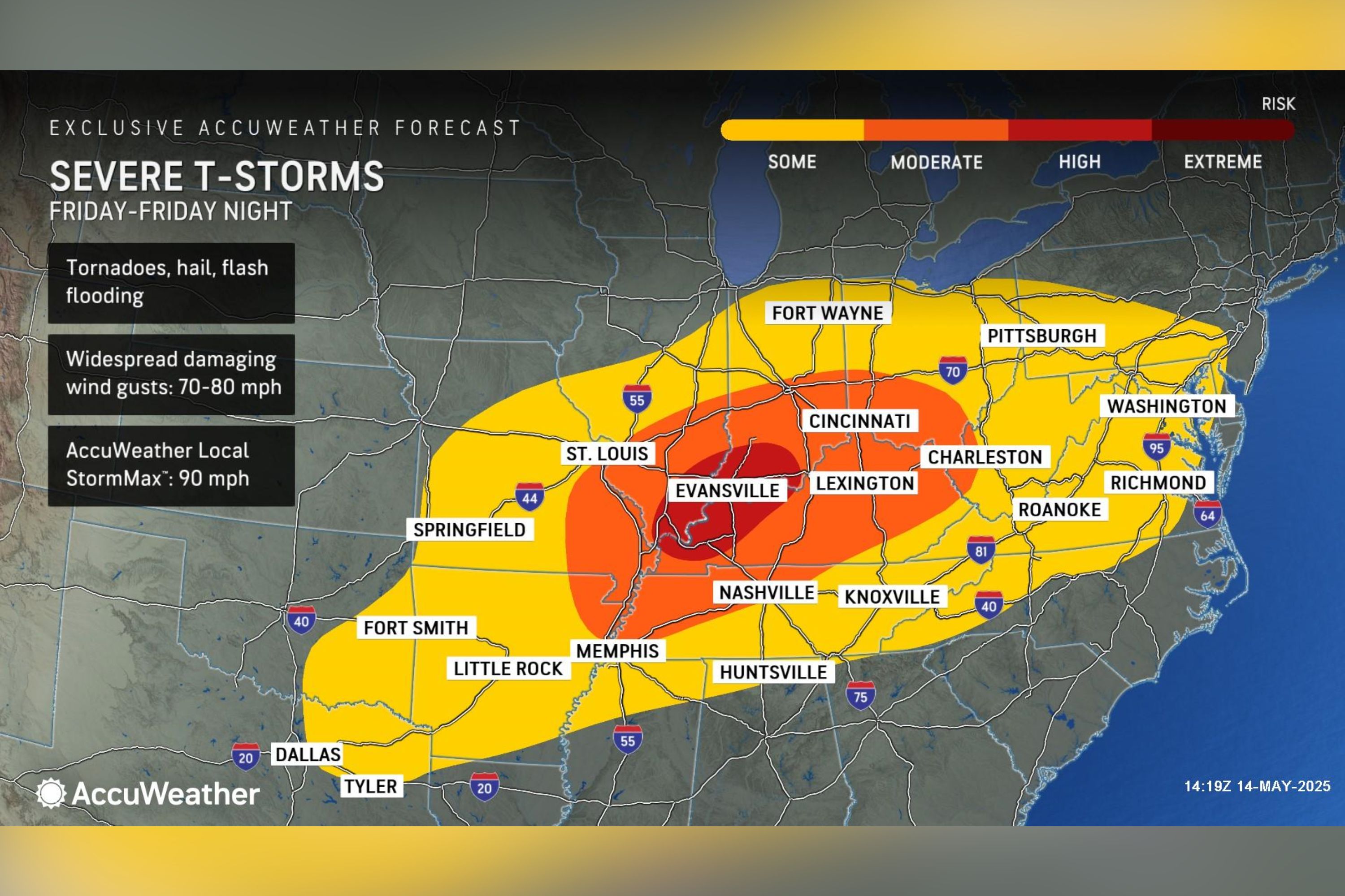 Map shows states in "high risk zone" for severe thunderstorms