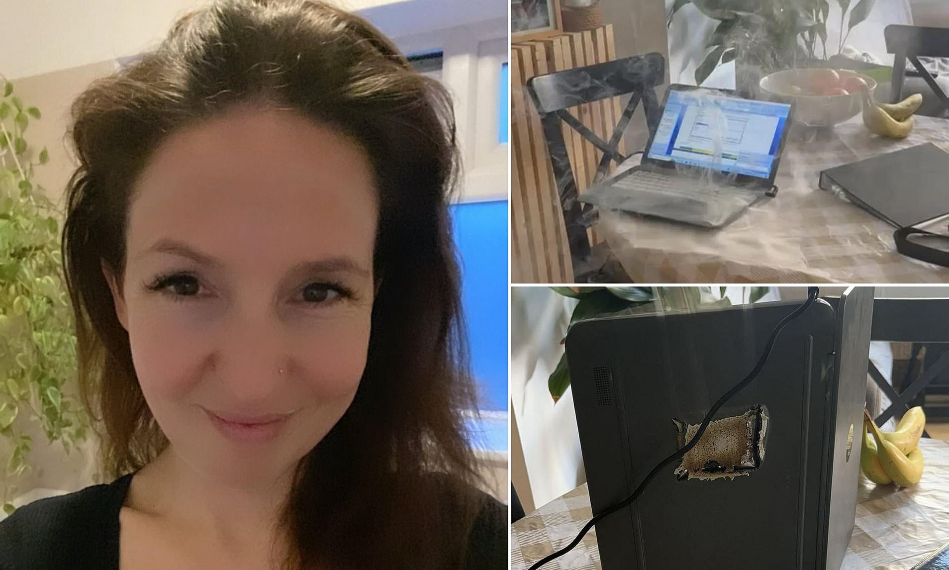 Terrifying moment mother's HP laptop suddenly catches fire in her home