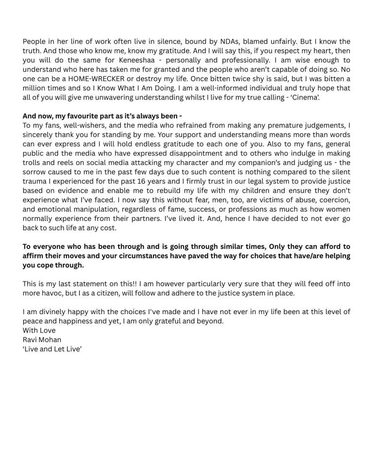 Actor Ravi Mohan admits Kenishaa is 'companion' in 4-page note against ...