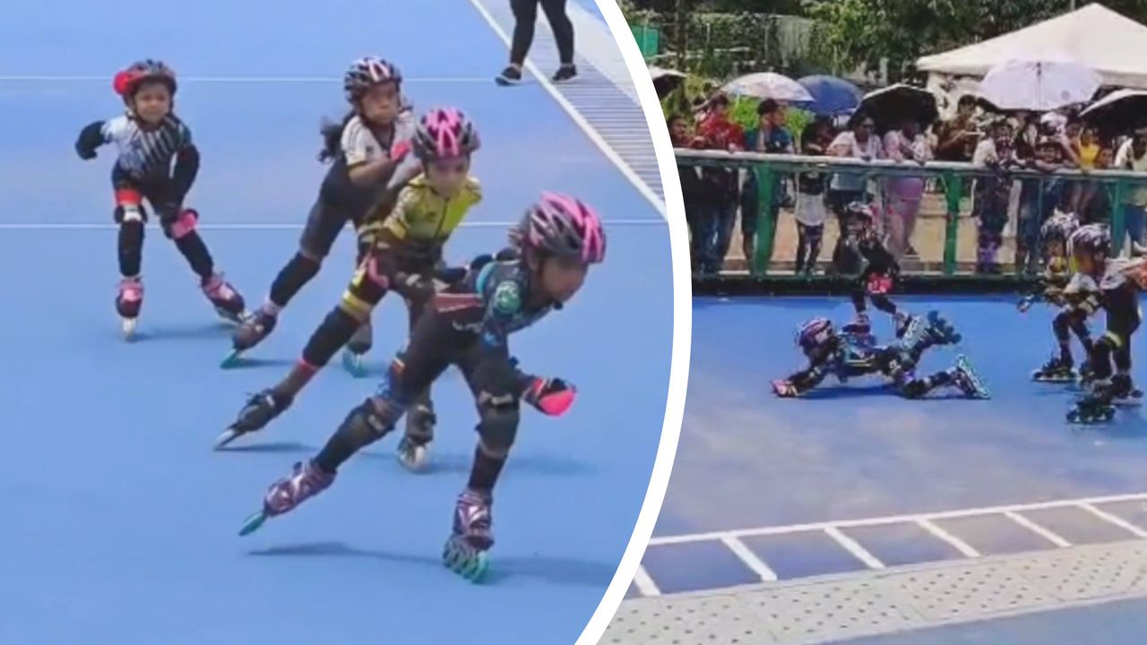 Une fillette remporte une course de roller après une chute au départ