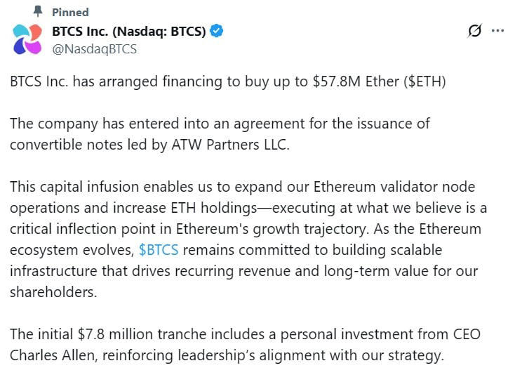 Nasdaq-listed BTCS to boost ETH holdings with $57.8M raise