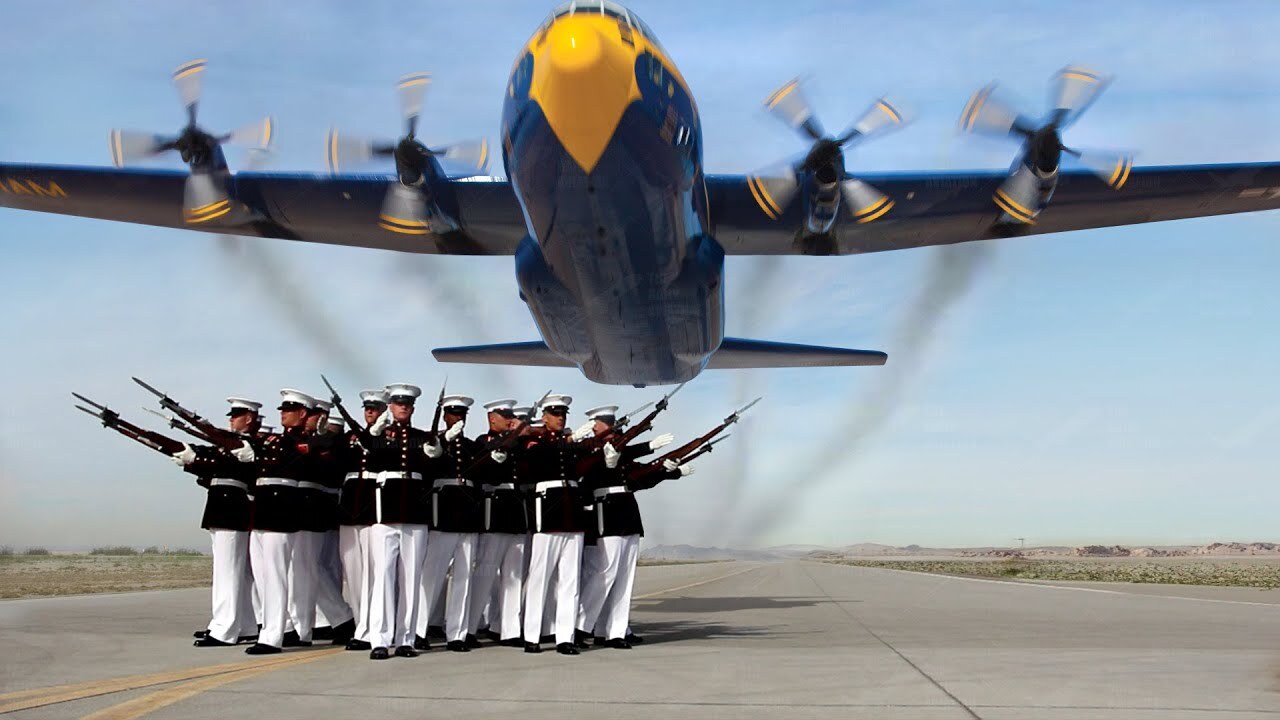 C-130 flies super low over silent drill platoon by skilled Blue Angels ...