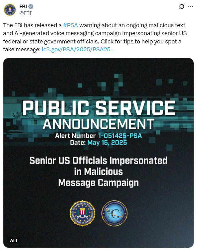 AI scammers are now impersonating US government bigwigs, says FBI