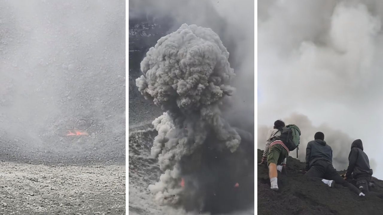 Scary moment group witness sudden eruption at Dukono volcano in Indonesia